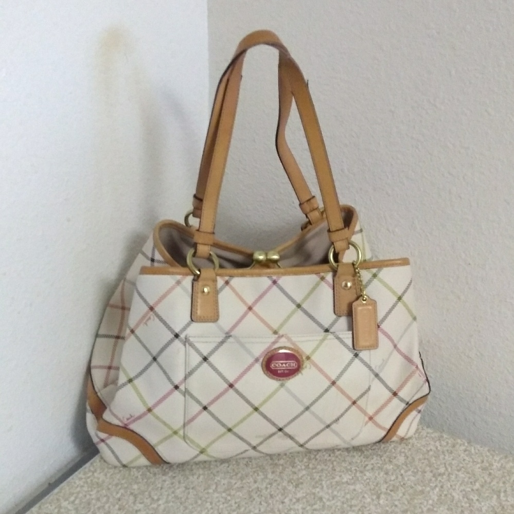 Coach Checkered Brown Leather Trim Bag - Gem